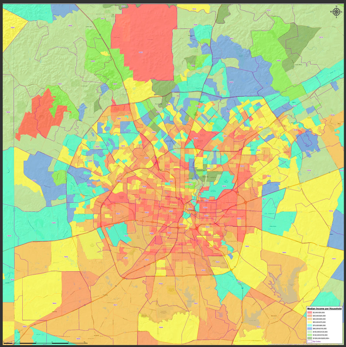 San Antonio Texas Income Map with Zip Codes – Houston Map Company